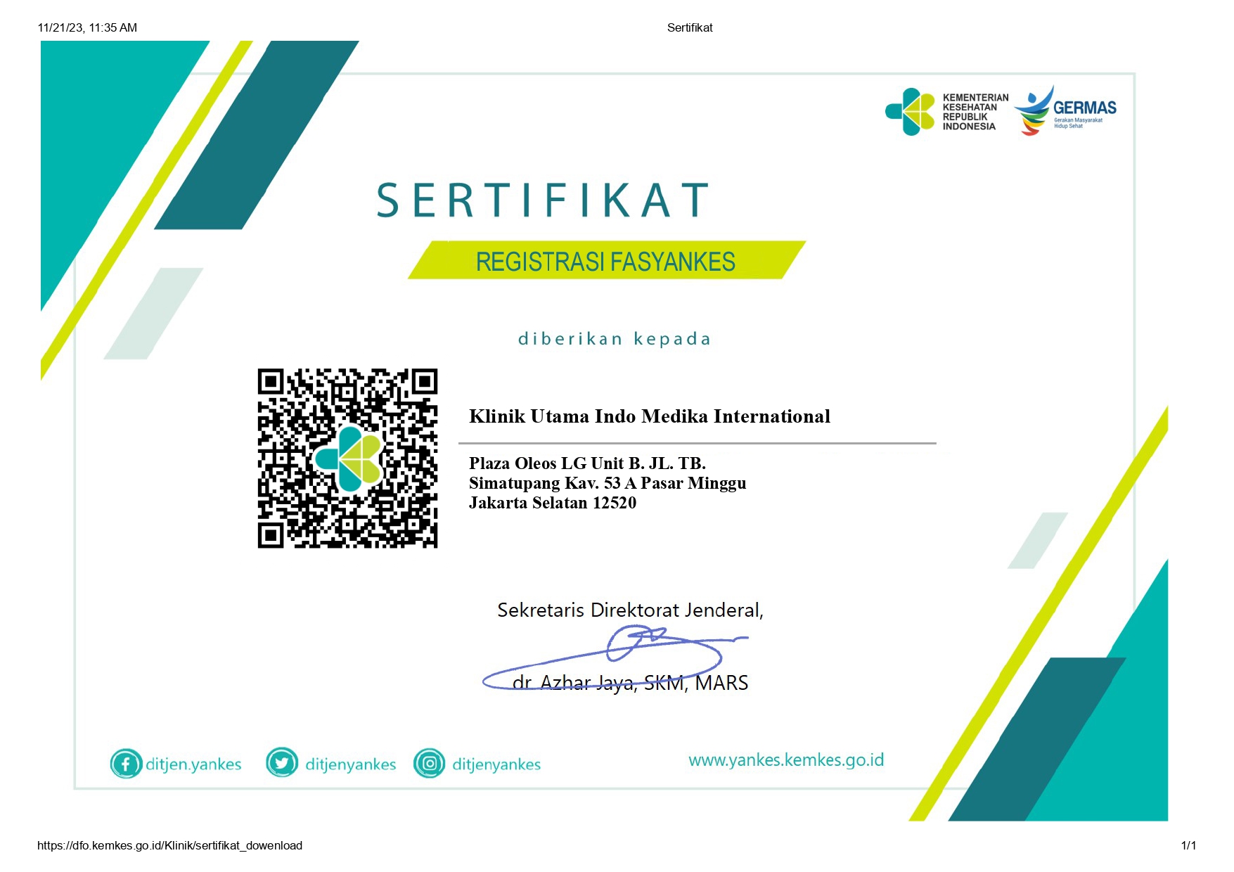 Sertifikat Registrasi Fasyankes